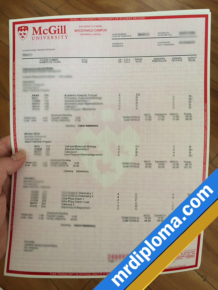 McGill University Custom Printable Transcript | Printable Diploma