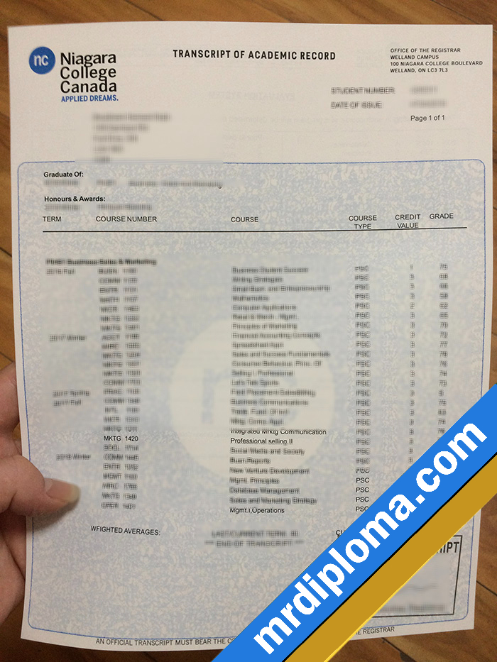 Niagara College Custom Printable Transcript Marks | Printable Diploma