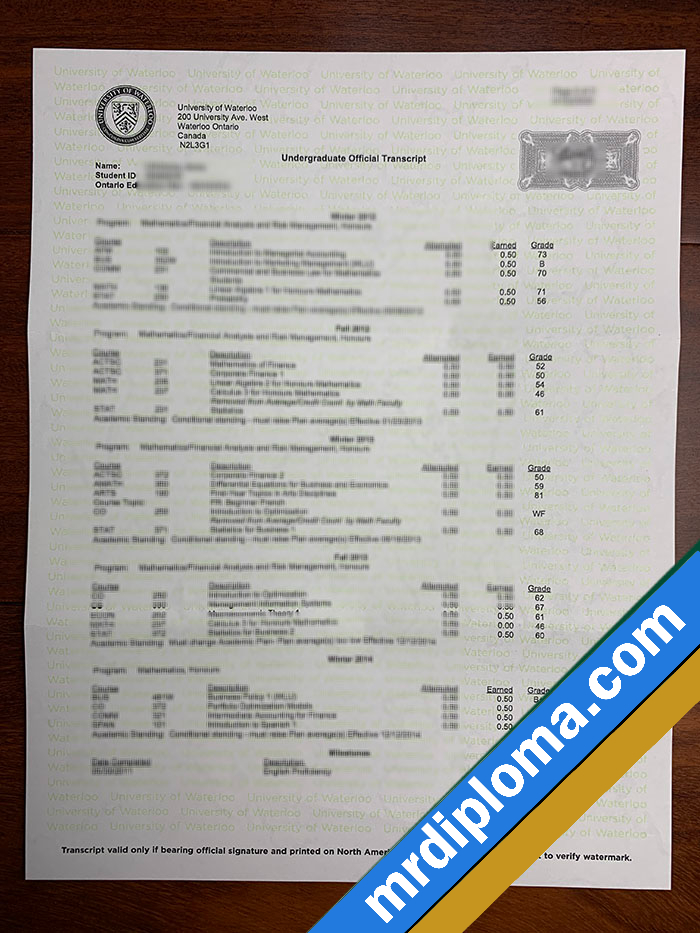 University of Waterloo Custom Printable Transcript | Printable Diploma