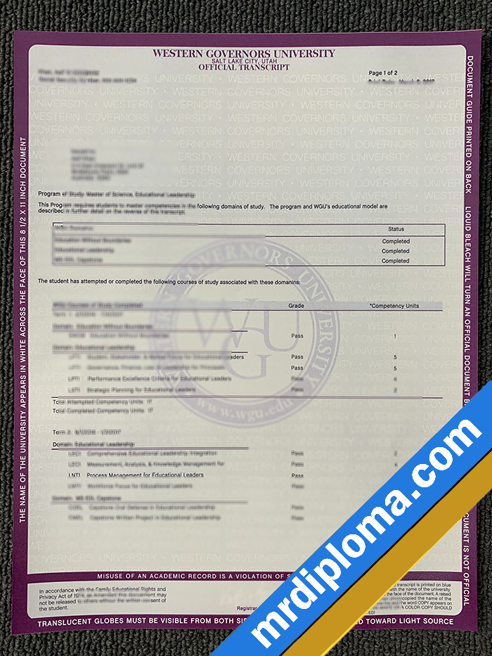 Western Governors University (WGU) Transcript | Printable Diploma